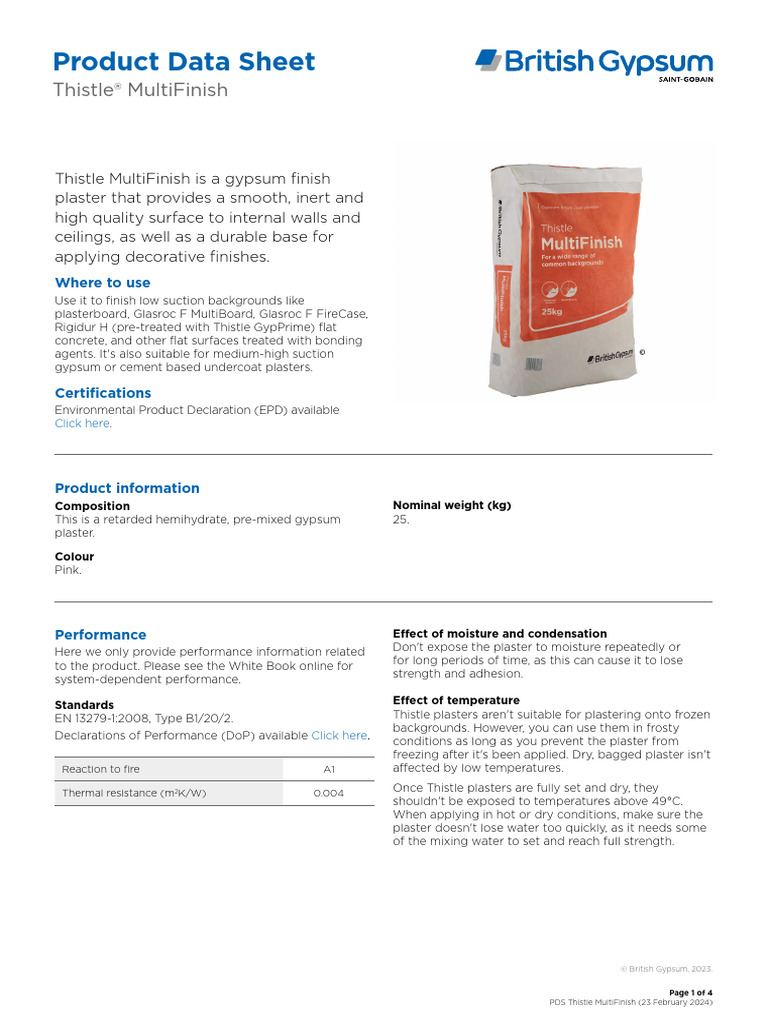 British Gypsum PDS Thistle MultiFinish | PDF | Plaster | Drywall