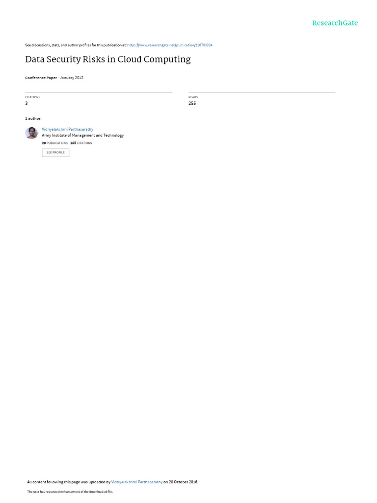 DataSecurityRisksinCloudComputing | PDF | Cloud Computing | Public Key Cryptography