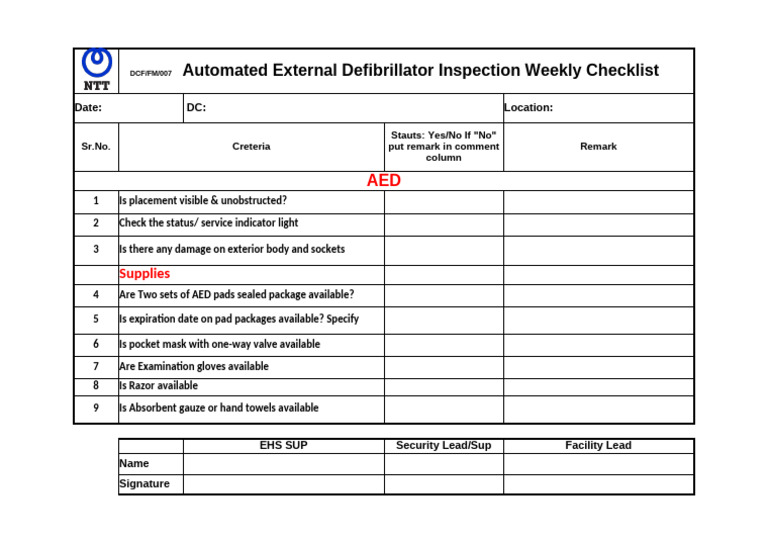 AED Weekly Inspection Checklist | PDF