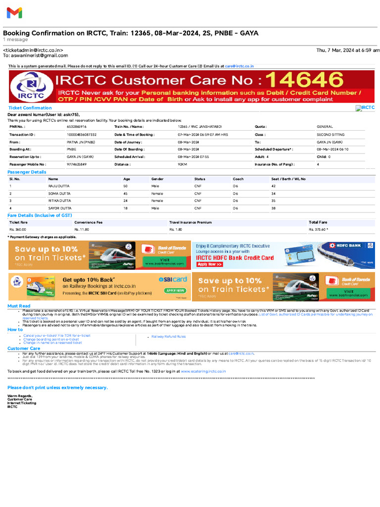 Train_ 12365, 08-Mar-2024, 2S, PNBE - GAYA | PDF | Service Industries