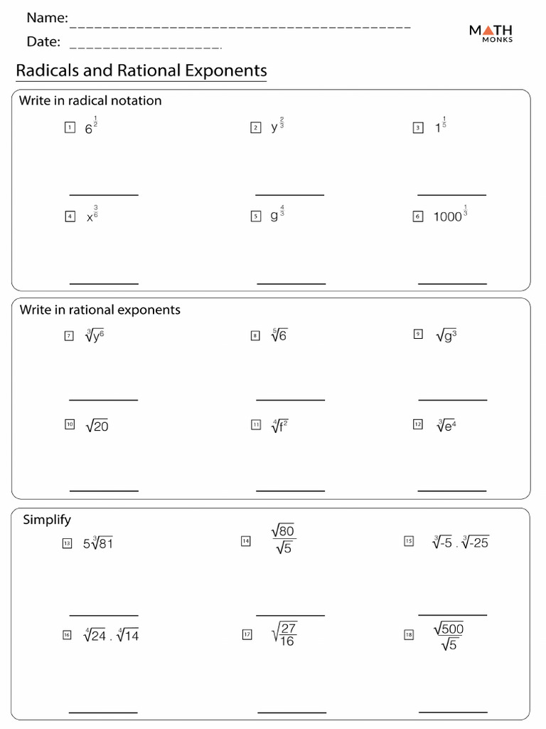 Simplifying Radical Exponents Review Worksheet With Answers | PDF