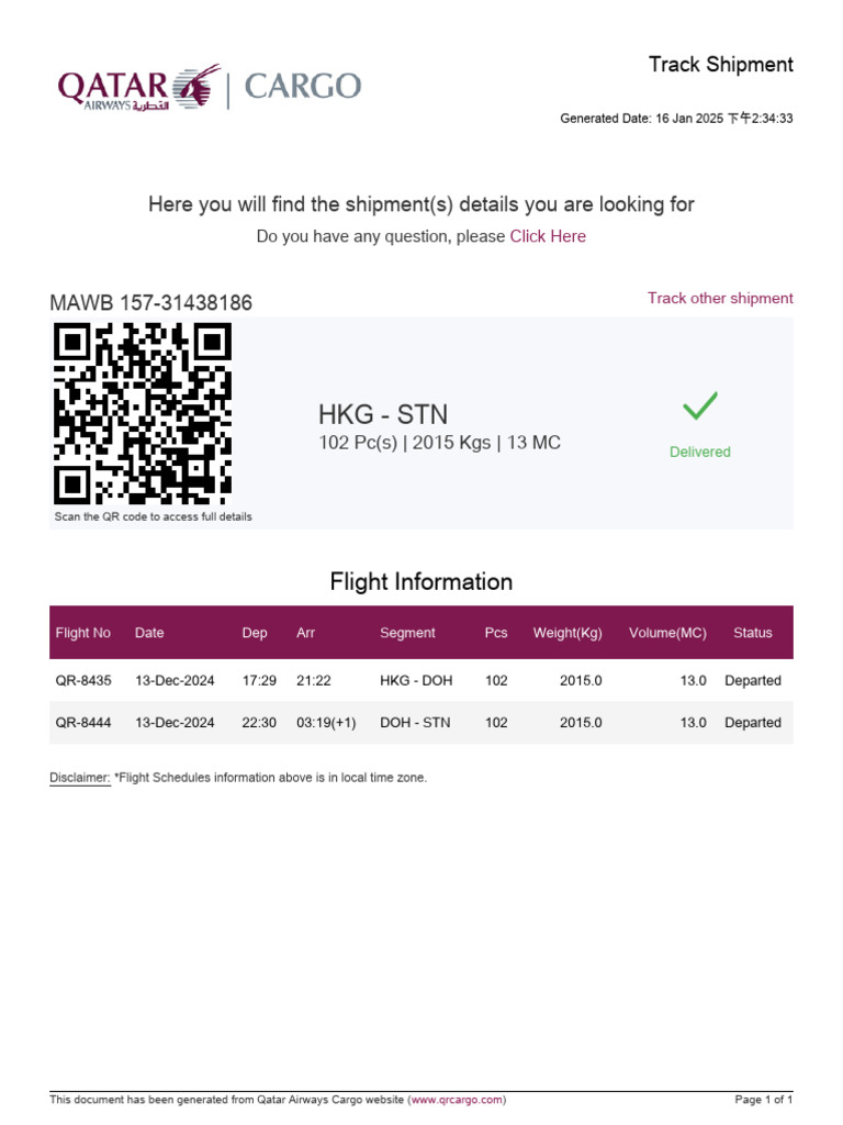 Qatar Airways Cargo Shipment Tracking | PDF