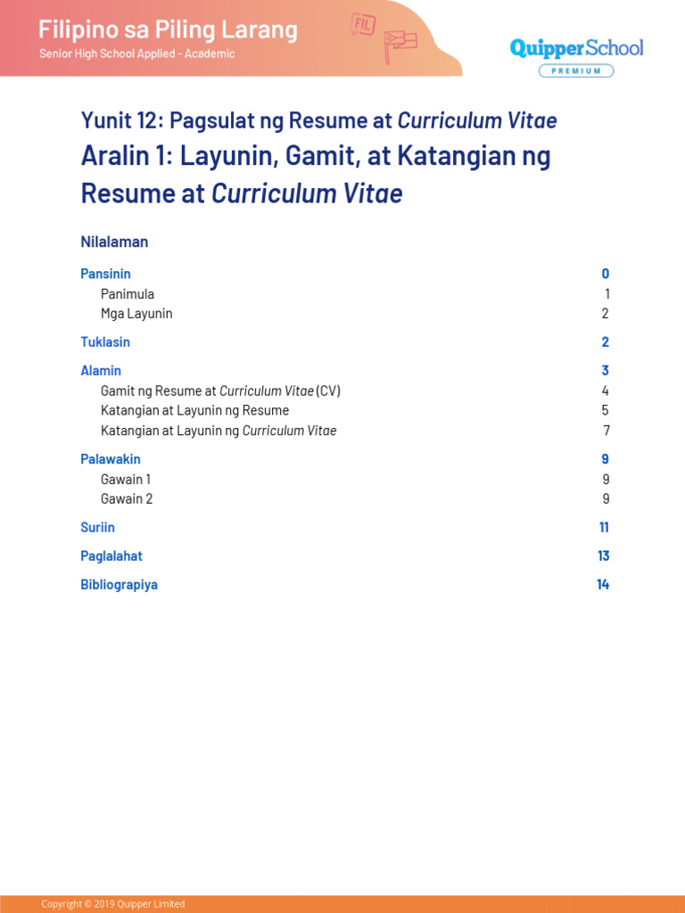 SG - FPL 11 - 12 Q2 1201 - Layunin, Gamit, at Katangian NG Resume at Curriculum Vitae | PDF