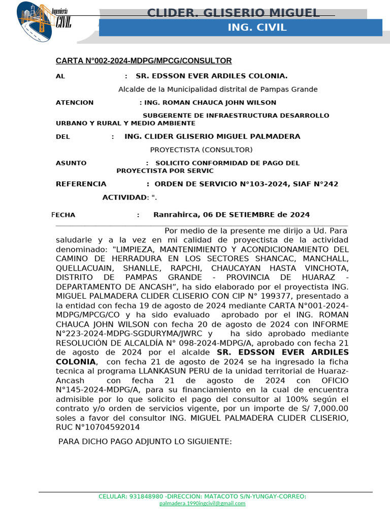 Cartas Pagos Pampas Grande Clider | PDF