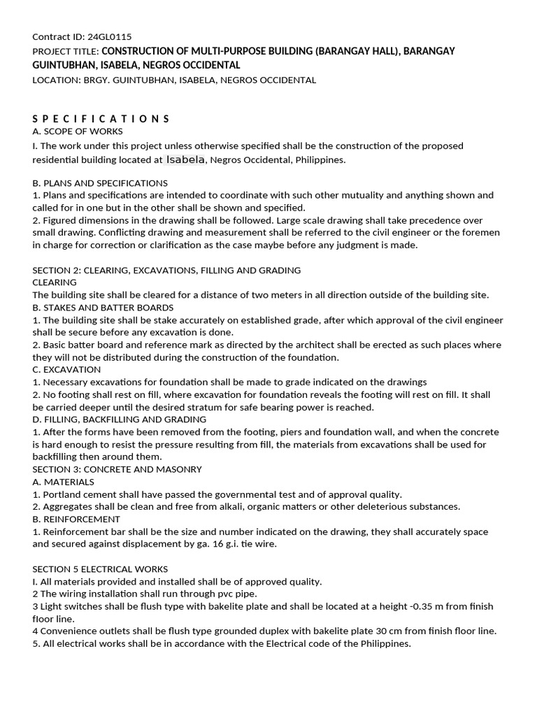 SPECS For Brgy Hall | PDF | Concrete | Electrical Wiring