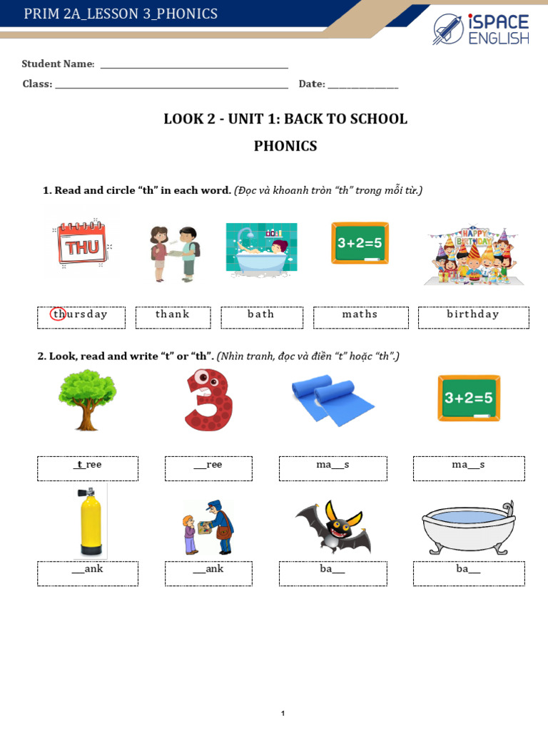 WS_Look 2_Unit 1_Les 3_Phonics | PDF