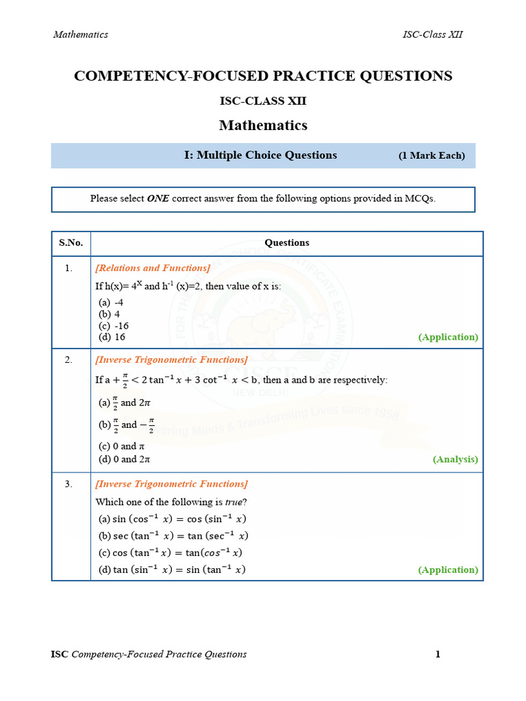 ISC Class XII Maths Competency Questions | PDF | Matrix (Mathematics ...