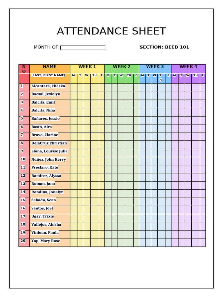 BEED 101 Attendance Sheet Template | PDF