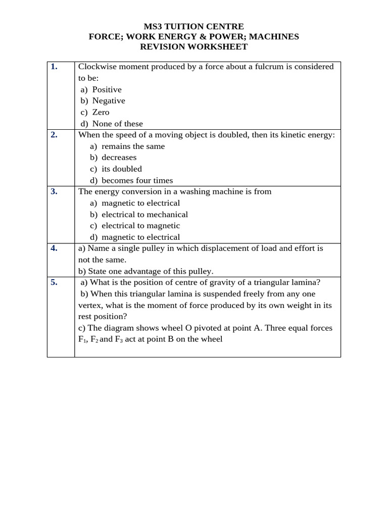 Force, Work, Energy & Power Revision Worksheet | PDF | Force | Applied ...