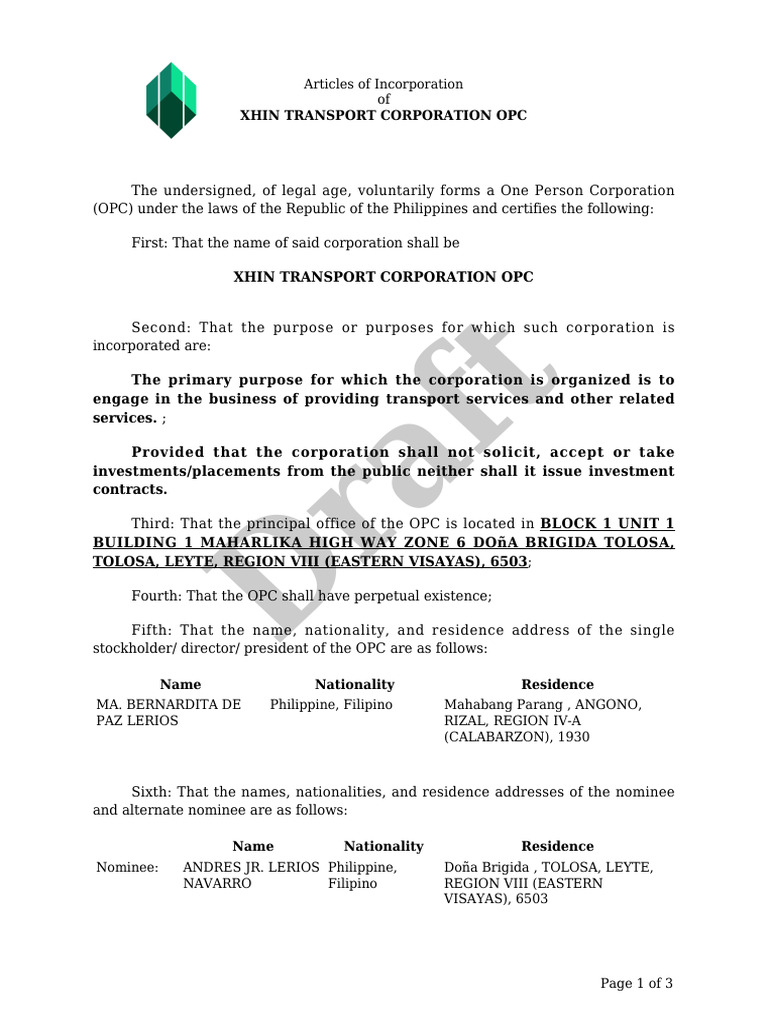 Articles of Incorporation-OPC | PDF | Business | Stocks