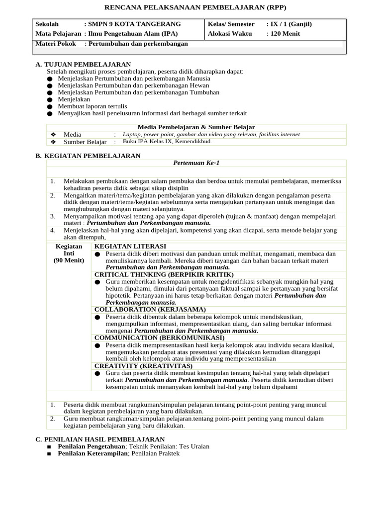 RPP Ipa Kelas 9 SMSTR 1 Kumer Nuraida | PDF