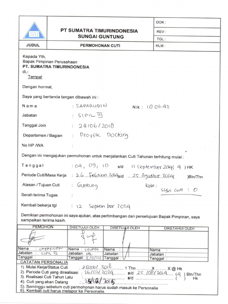 Form Cuti Tahunan Saparudin | PDF
