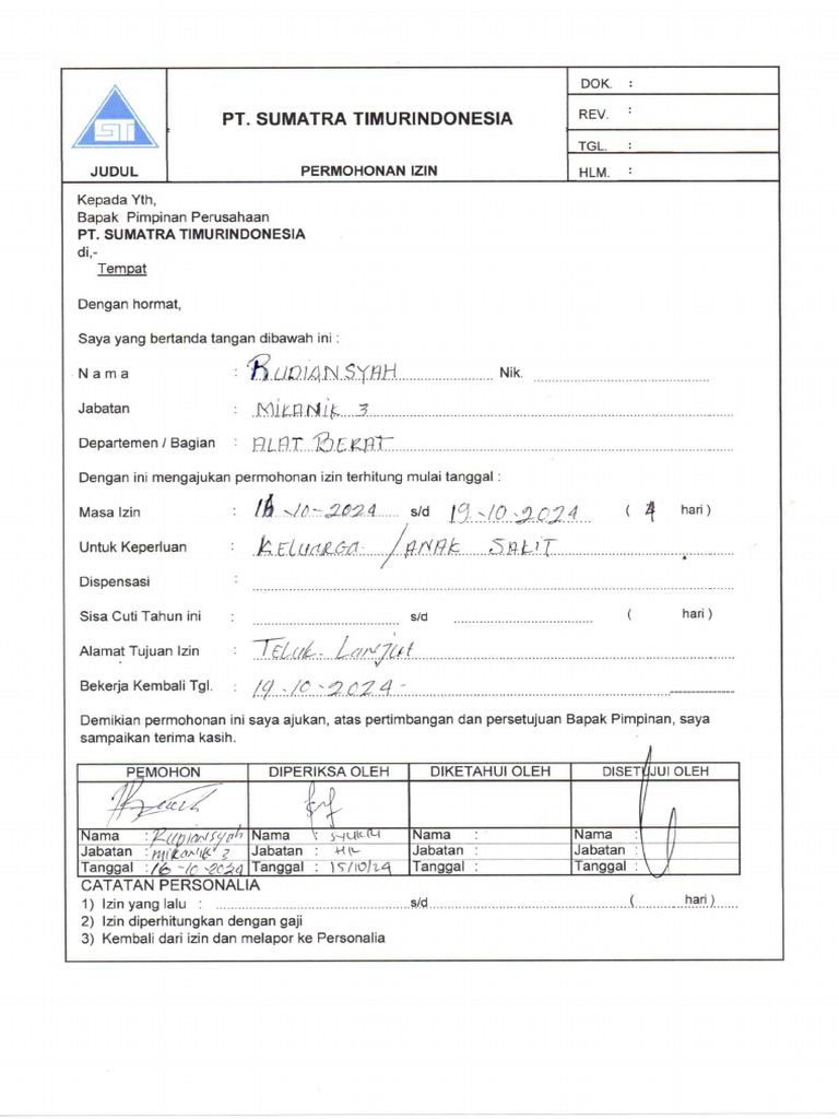 Form Izin Cuti Rudiyansah | PDF