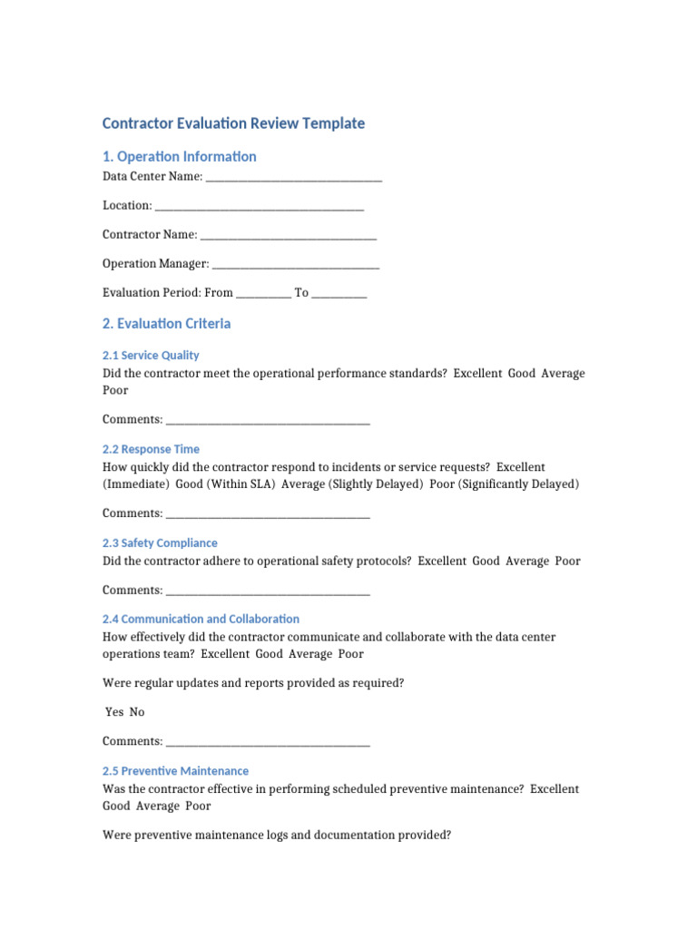 Contractor Evaluation Review Template | PDF
