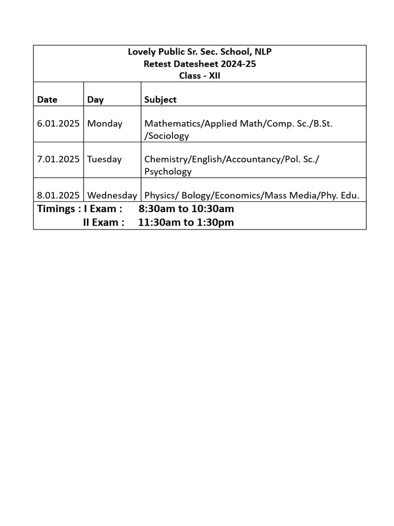 Retest Datesheet Class XII | PDF Retest Datesheet Class XII | PDF