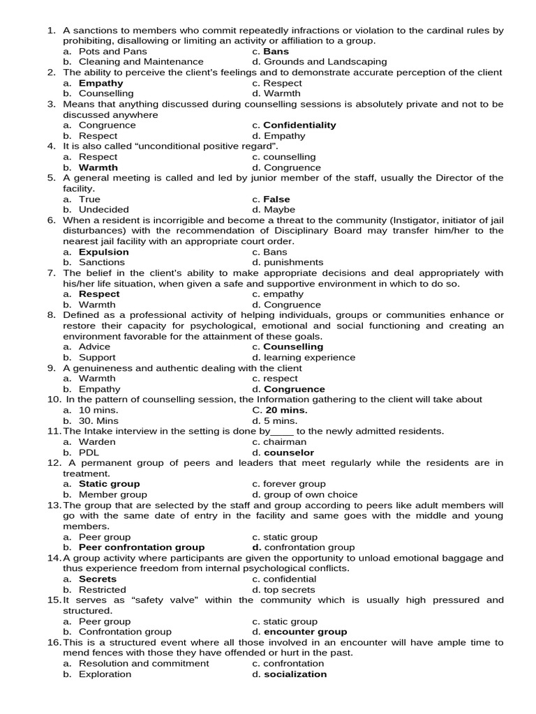 Answer key Midterm-therapeutic- SET A | PDF | Empathy | Forgiveness