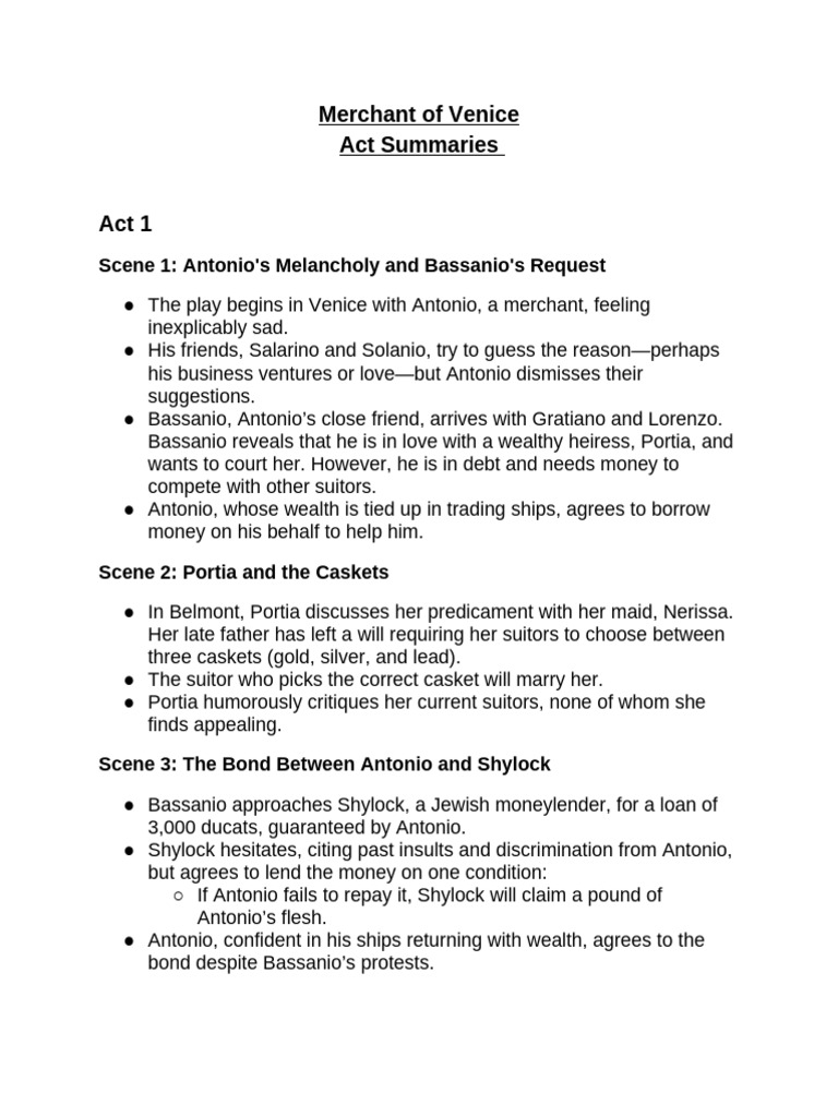Merchant of Venice Act 1 & 2 Summary | PDF | The Merchant Of Venice ...