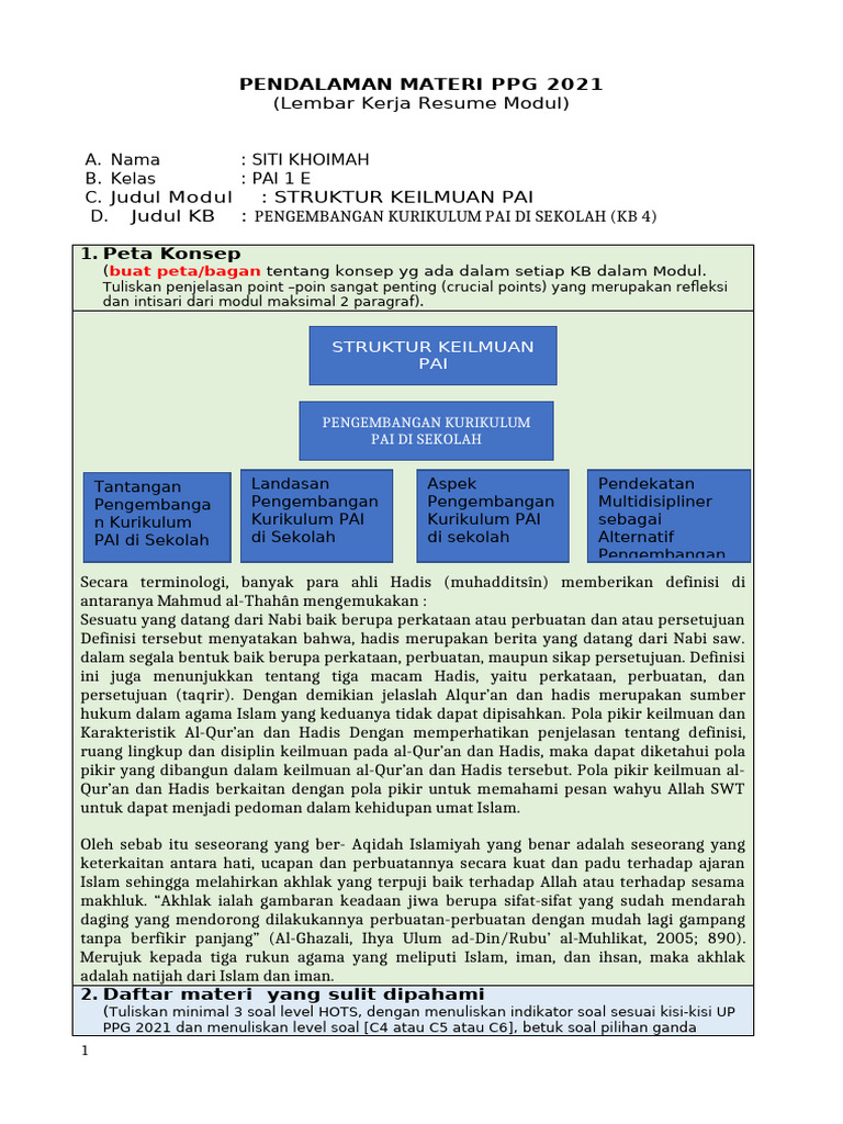 LK Resume Pendalaman Materi 2023-1 (BU Siti Khoimah KB 4) STRUKTUR KEILMUAN PAI New | PDF