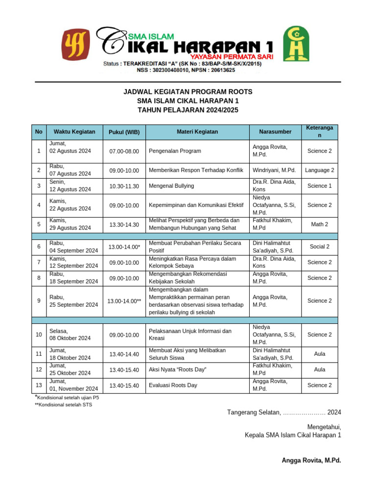 Jadwal Kegiatan Program Roots | PDF