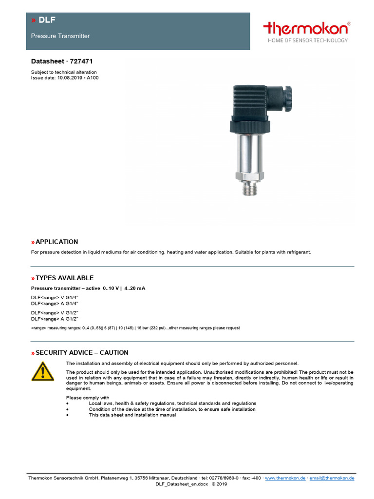 DLF Pressure Transmitter Datasheet | PDF | Equipment | Electricity