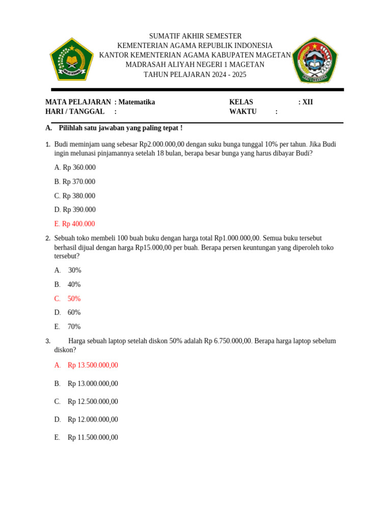 Soal Sas Matematika Ganjil KLS 12 24-25 | PDF