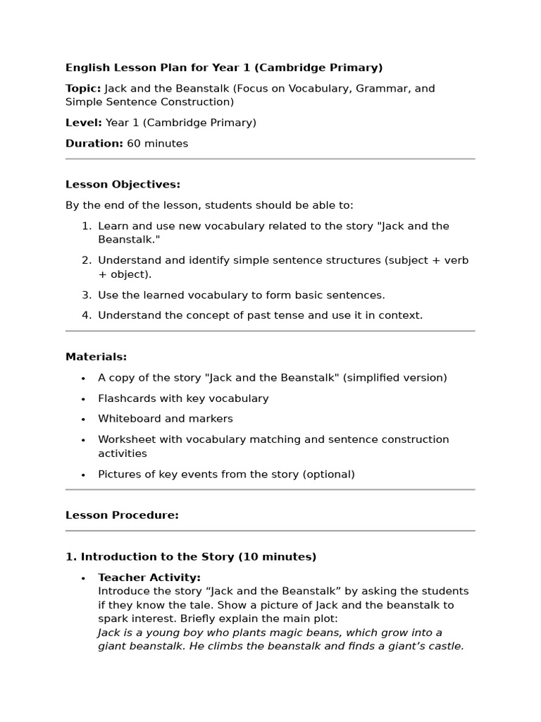 Year 1 English: Jack and the Beanstalk | PDF | Vocabulary | Jack And ...