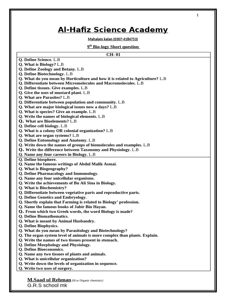 Biology Short Questions Overview | PDF | Cellular Respiration | Mitosis
