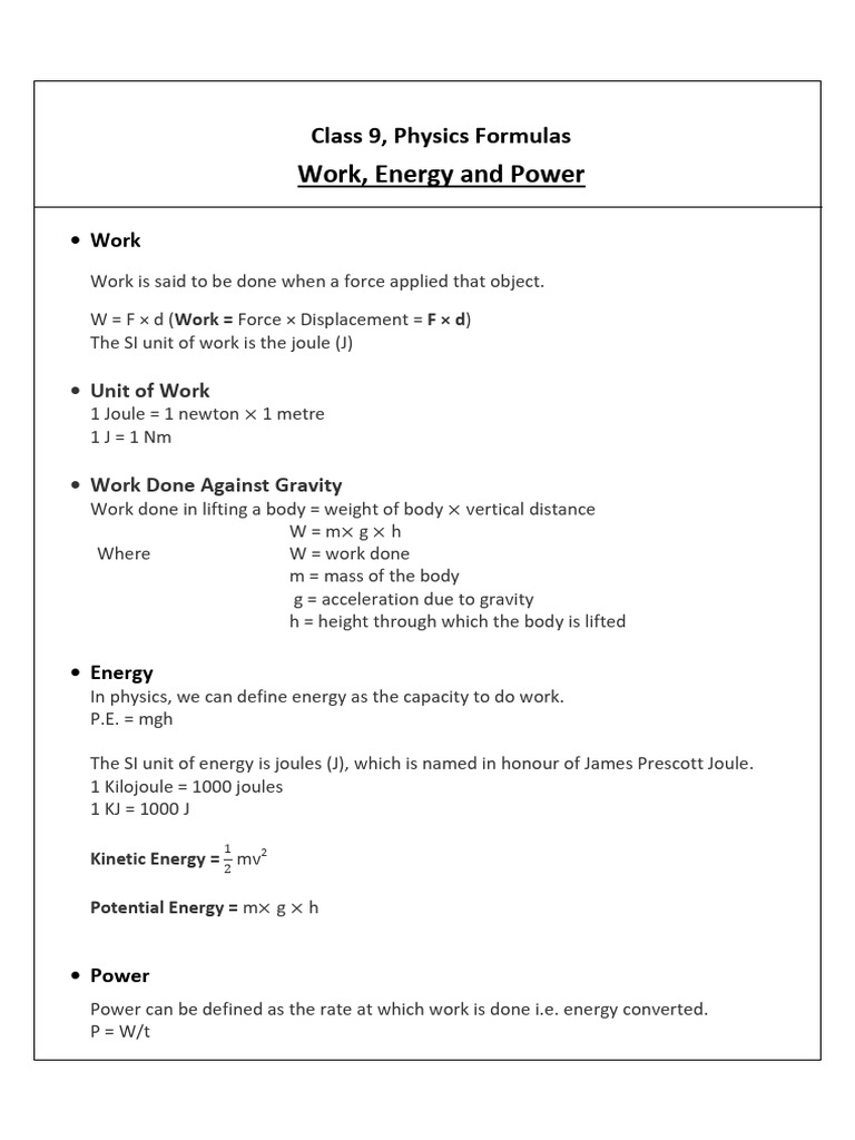 Class 9 Physics: Work, Energy, Power Formulas | PDF | Watt | Power ...