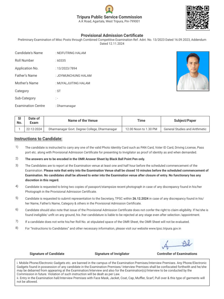 Admit Card TPSC C-3 | PDF | Identity Document | Government And Personhood