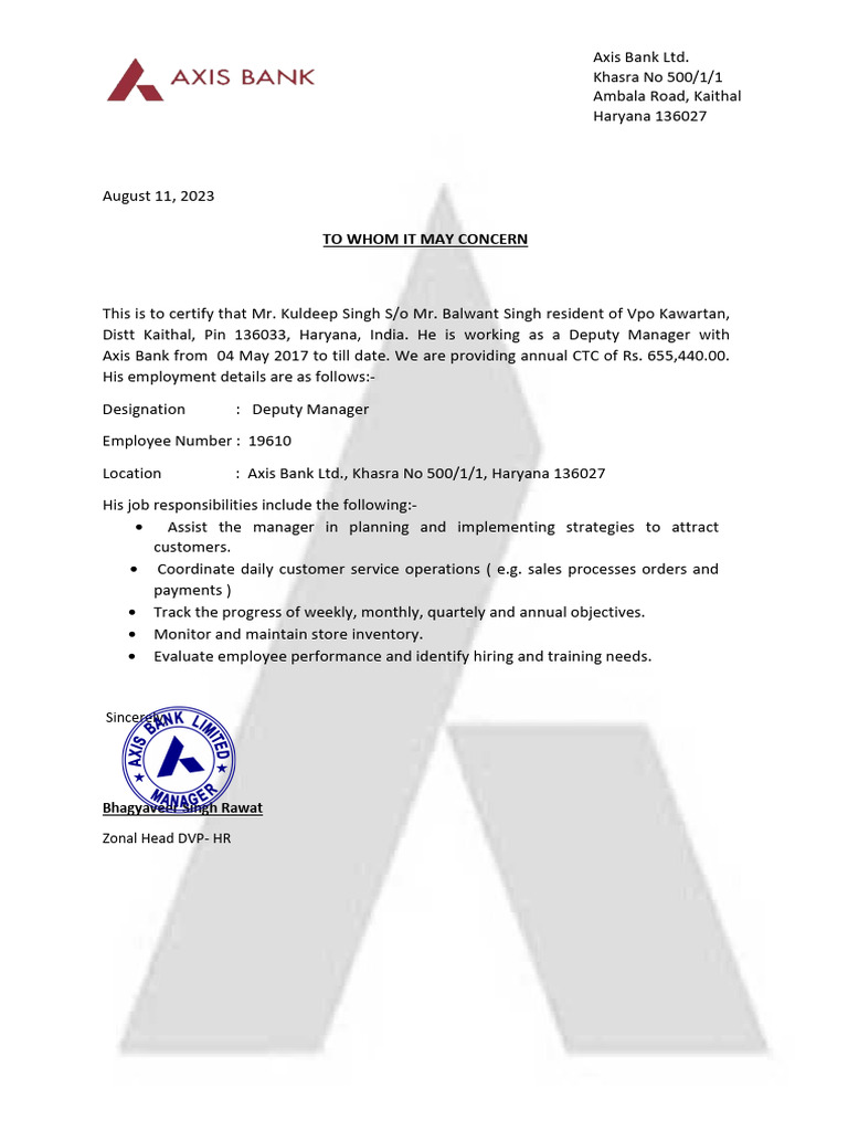 Axis Employment Letter | PDF