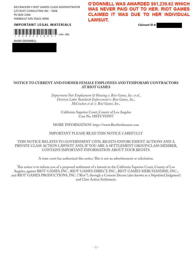 Riot Games Class Action Award_ODONNELL_$61,239.62 | PDF | Employment | Class Action