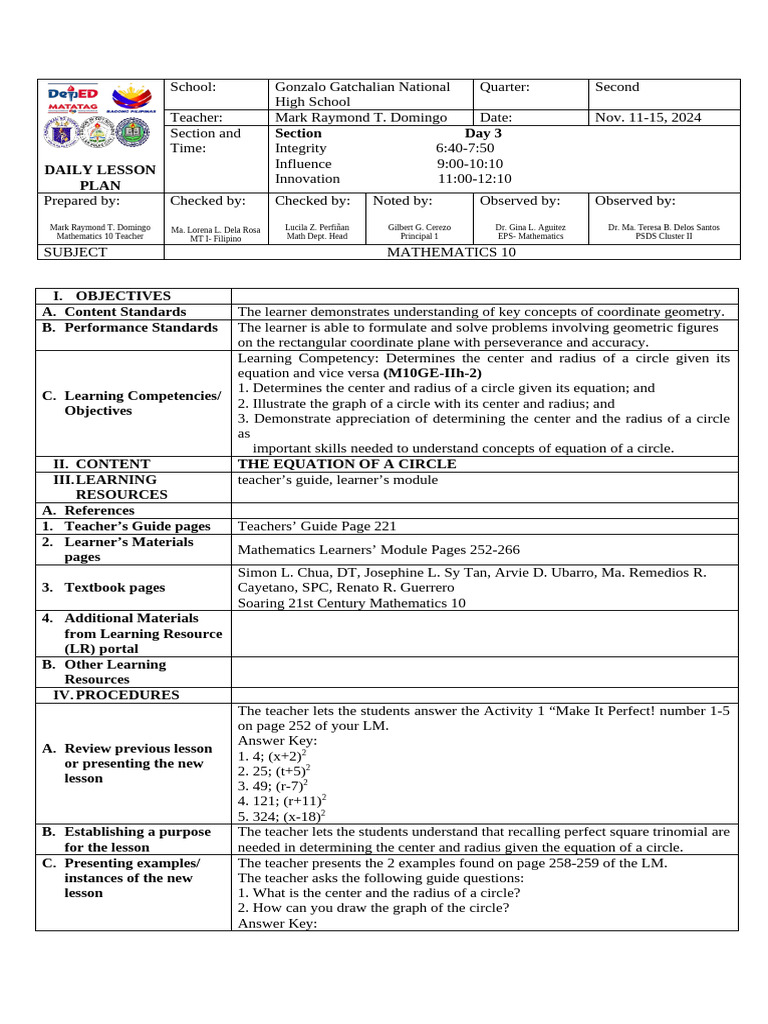G10 Mathematics DLL Q2 W7 D4 | PDF | Circle | Mathematics