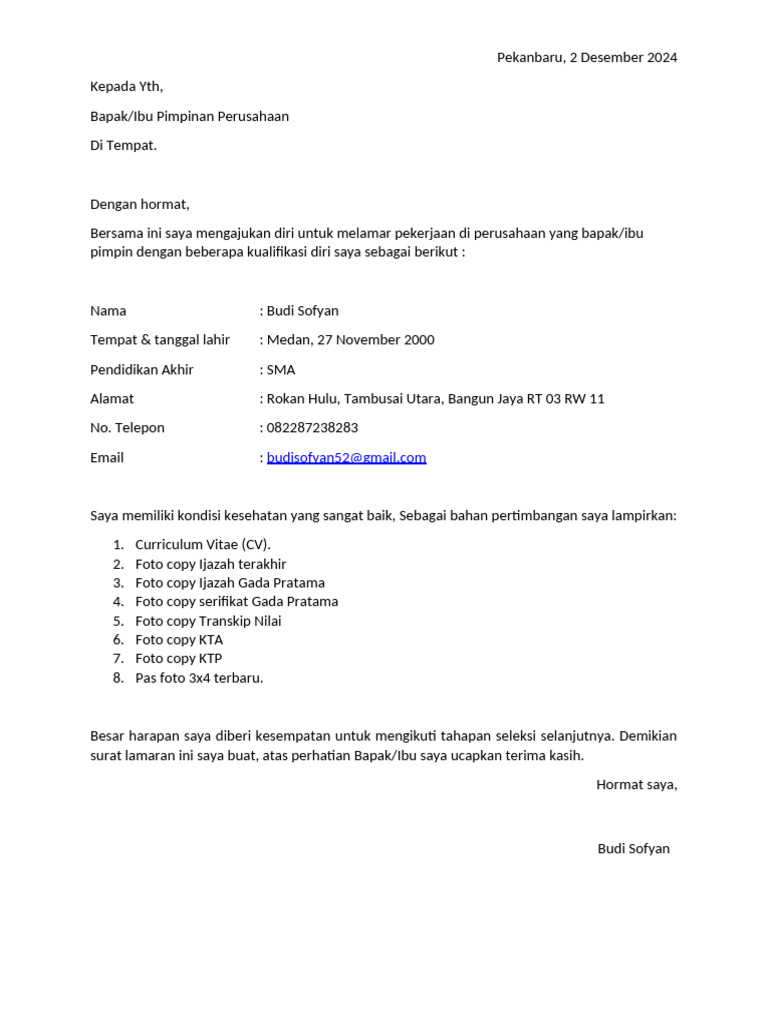 Surat Lamaran Kerja Budi Sofyan | PDF