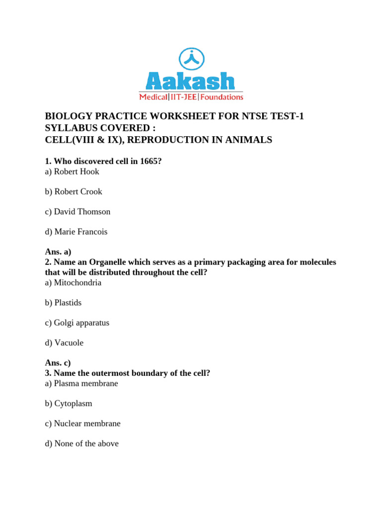 NTSE Biology Worksheet: Cells & Reproduction | PDF | Fertilisation ...