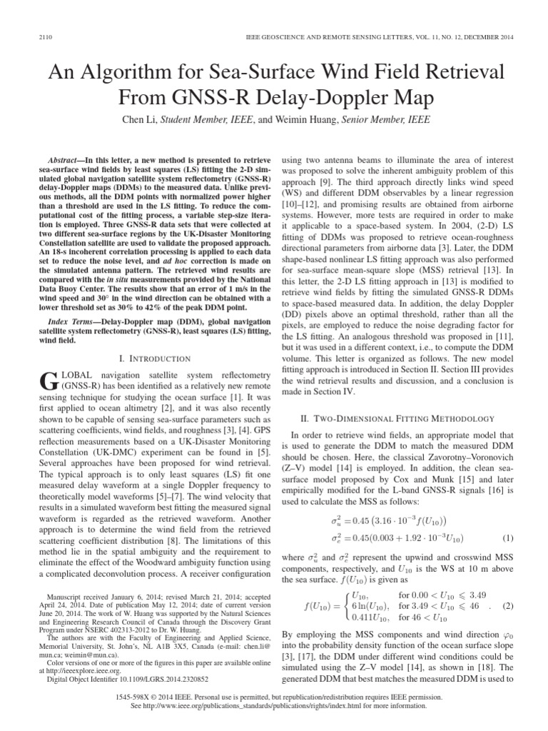 An Algorithm For Sea-Surface Wind Field Retrieval From GNSS-R Delay-Doppler Map | PDF | Least ...