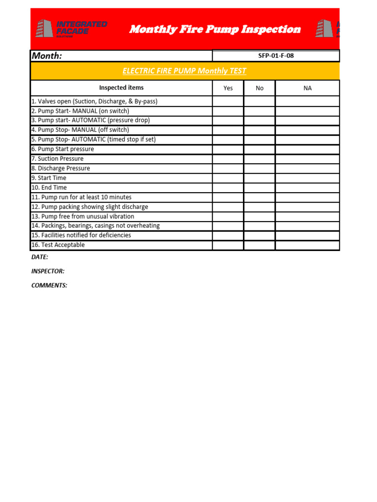 Weekly Fire Pump Inspection Check List | PDF | Pump | Engines