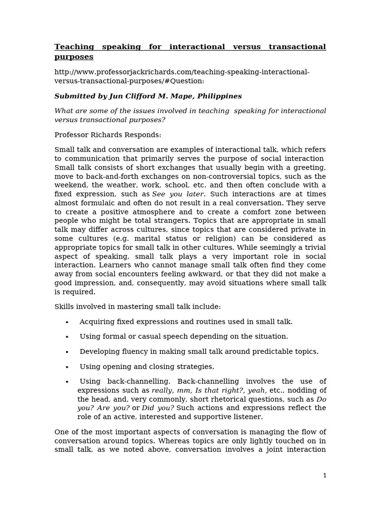 Teaching Speaking For Interactional Transactional Purposes Pdf Communication Conversation