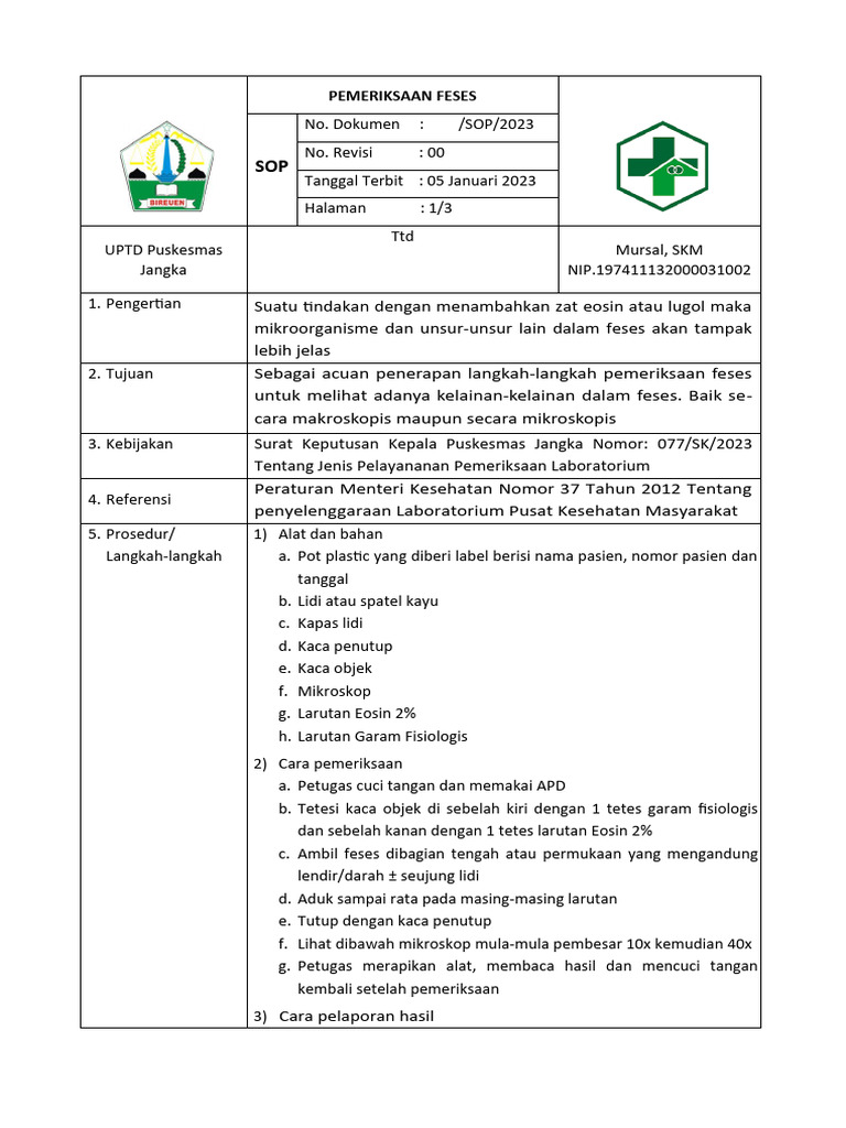 Sop Pemeriksaan Feases | PDF