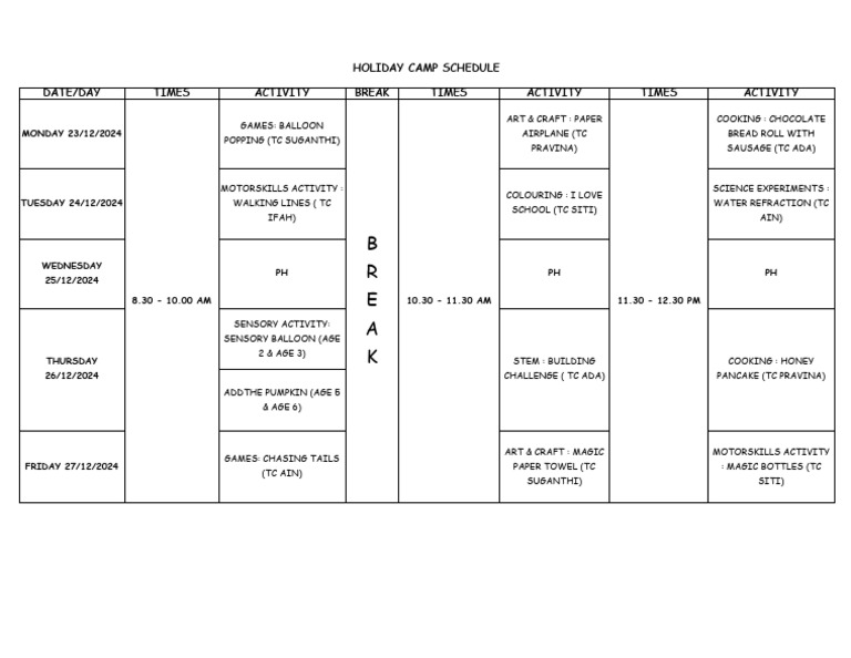 Holiday Camp Schedule 2024 Activities | PDF | Foods | Cuisine