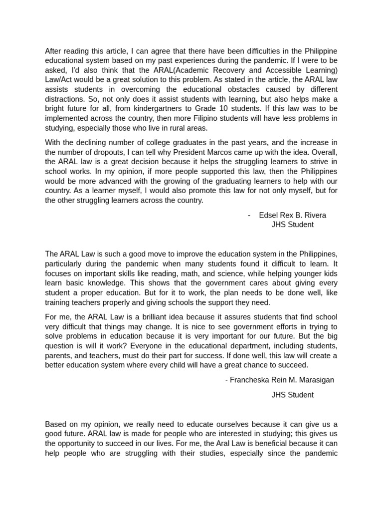 Commentaries-JHS Students-Aral Law | PDF | Learning | Cognition