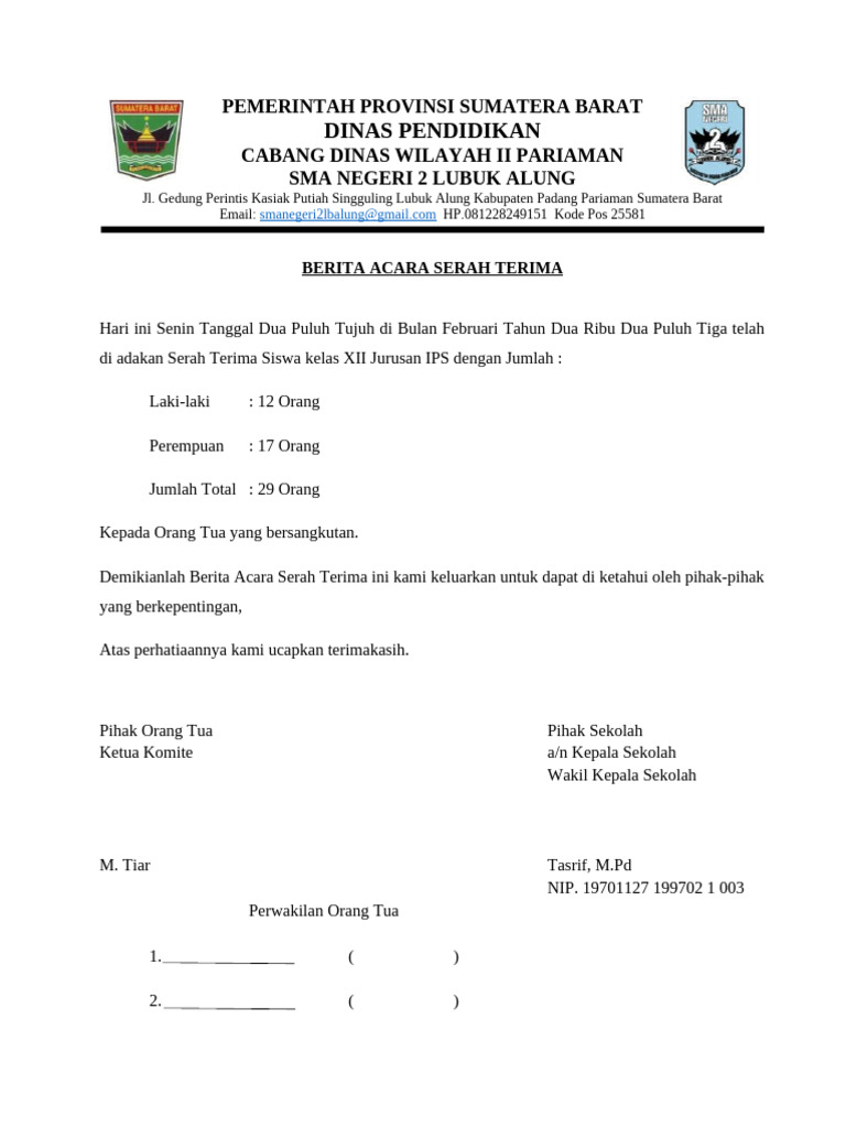 Berita Acara Serah Terima Kelas Xii | PDF