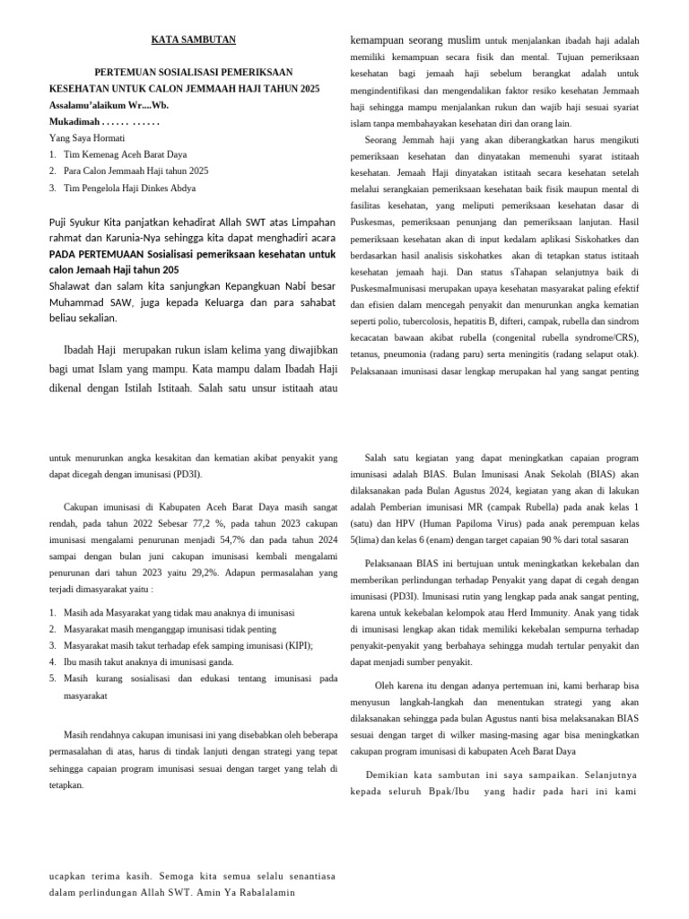 Copi Kata Sambutan KADIS Pada Validasi Data Imunisasi | PDF
