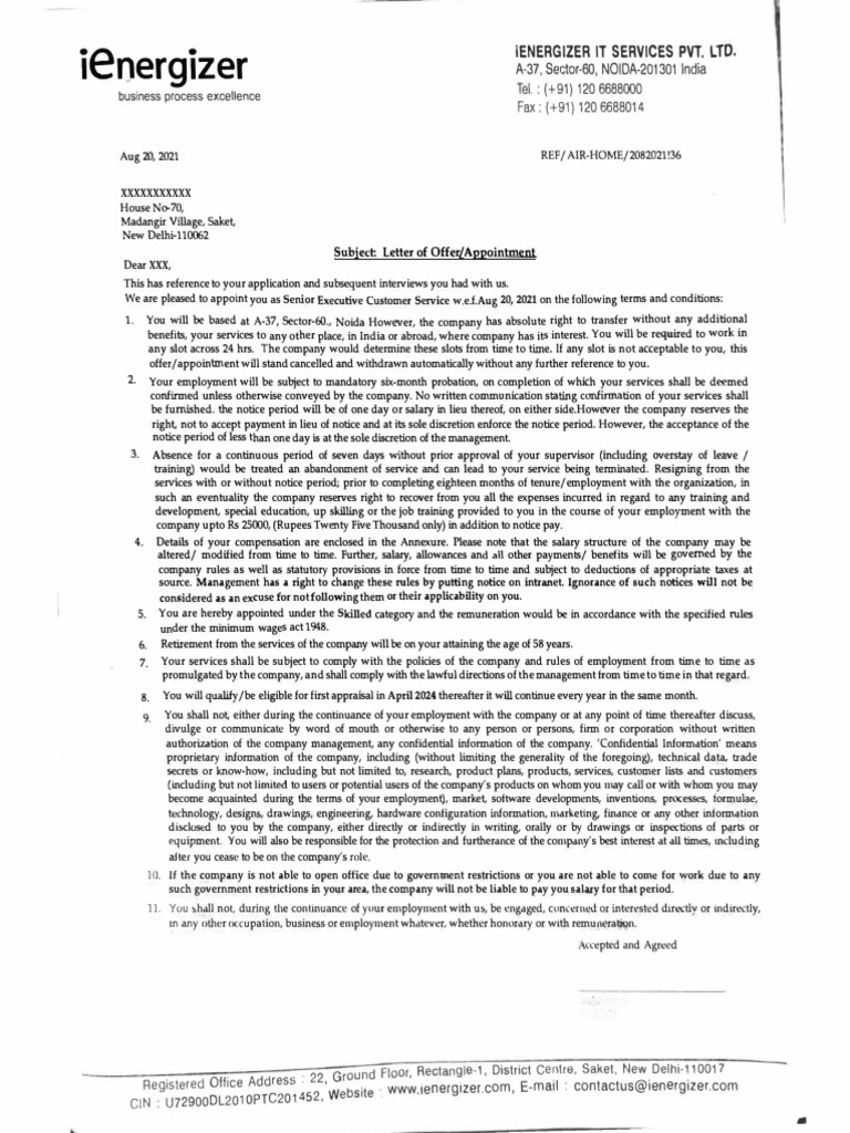 Ienergizer offer letter | PDF | Salary | Employment