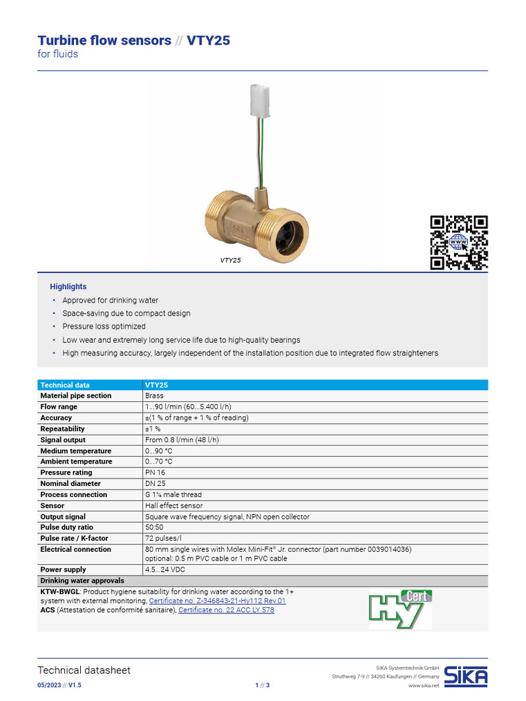 Datasheet Turbine Flow Sensors VTY25 | PDF | Electrical Engineering ...