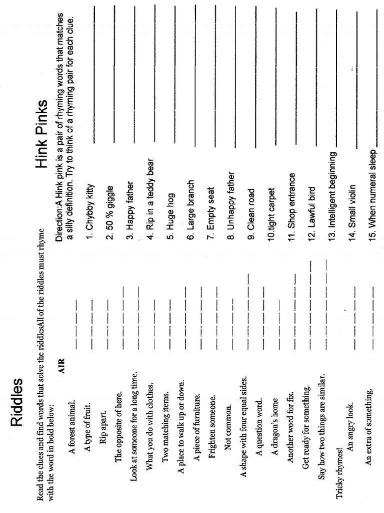 Hink Pinks, Riddles | PDF