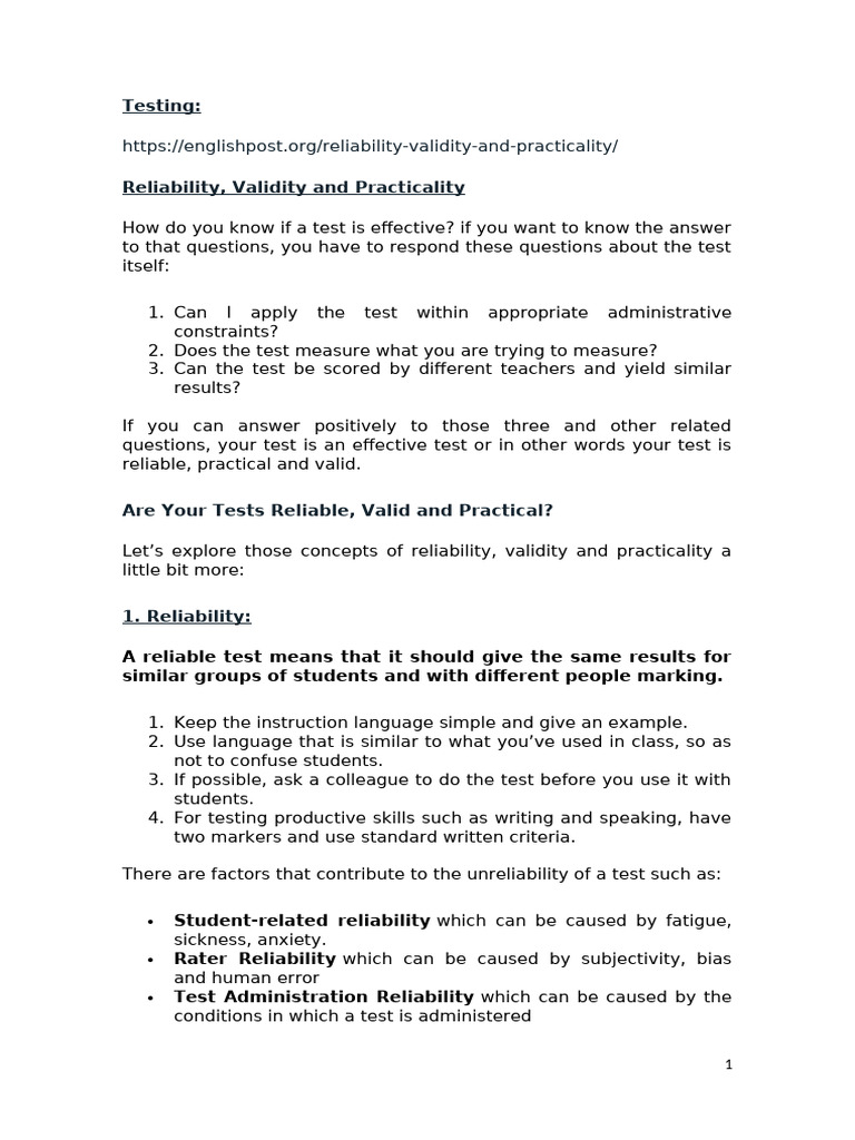 TESTING Reliability Validity Practicality 1 | PDF | Validity ...