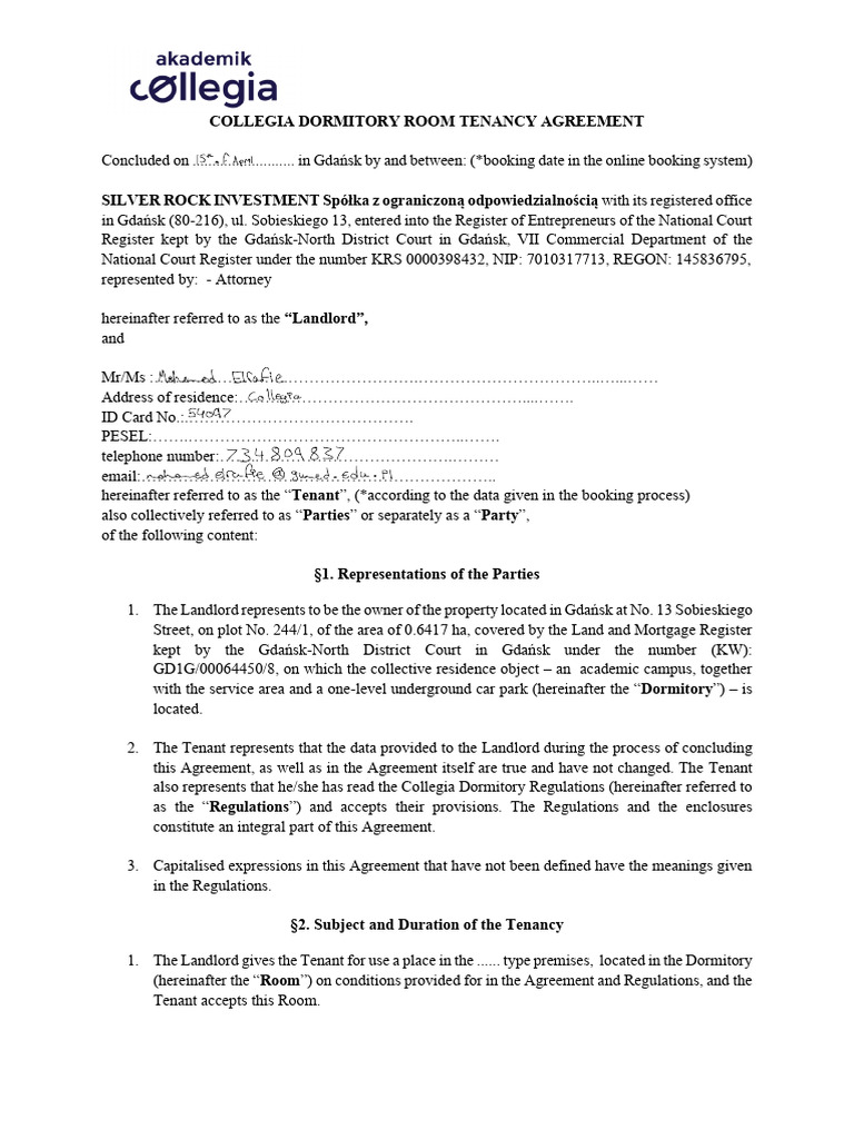 Student Dormitory Lease Agreement | PDF | Leasehold Estate | Lease