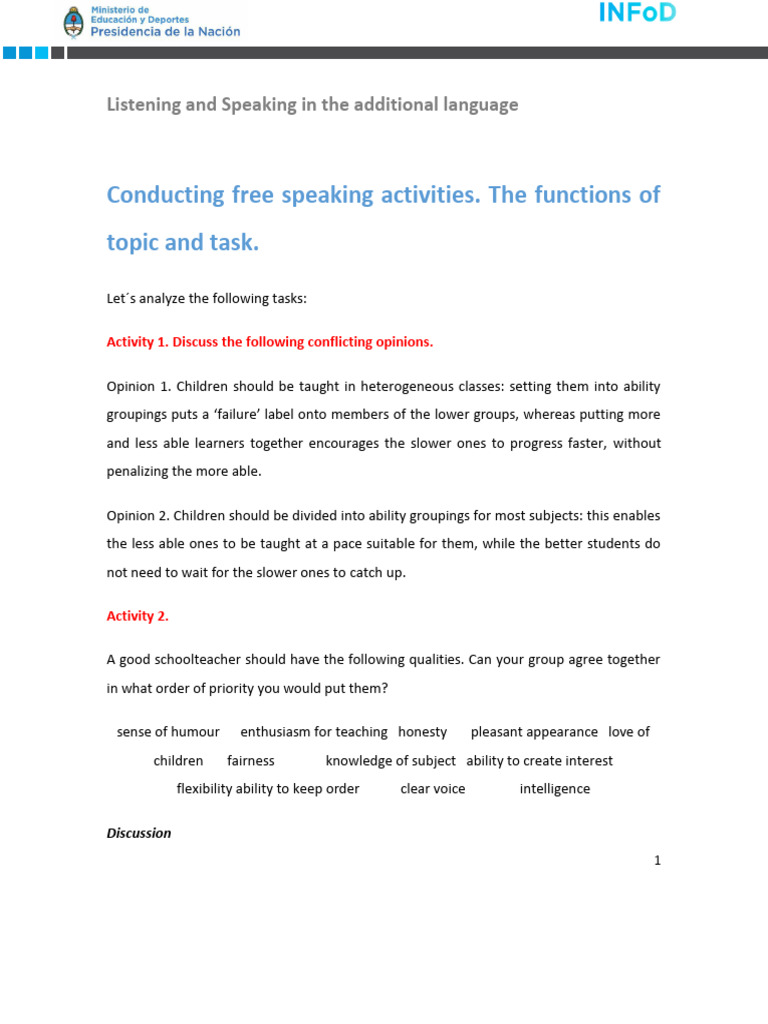 Free Speaking Activities The Function of Topic and Task | PDF ...