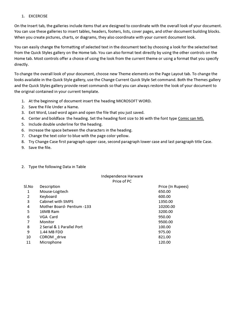 Word Practical Excercise | PDF | Microsoft Word | Computing