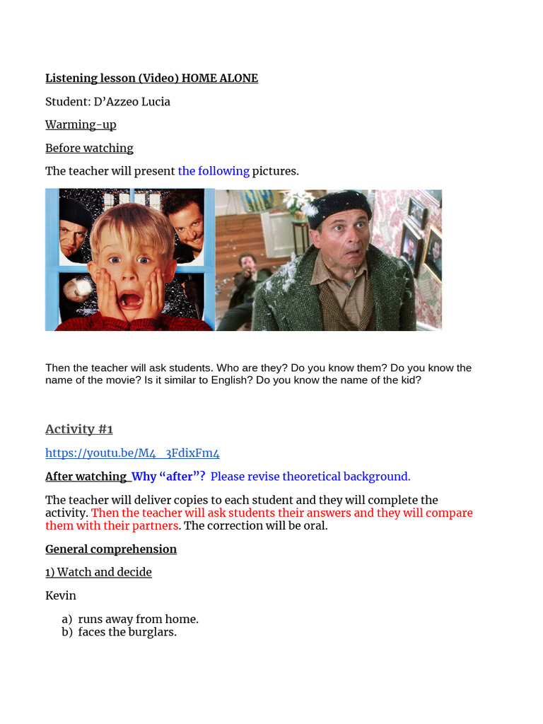 Listening Lesson (Video) HOME ALONE | PDF | Cognitive Science | Cognition